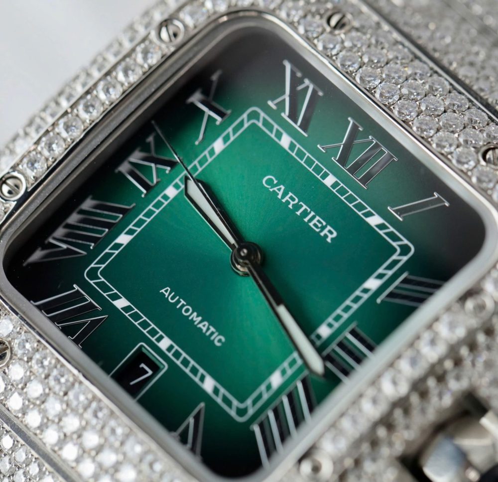 Cartier Santos Green Dial Custom Diamonds Moissanite Swiss 1:1 Grade ...
